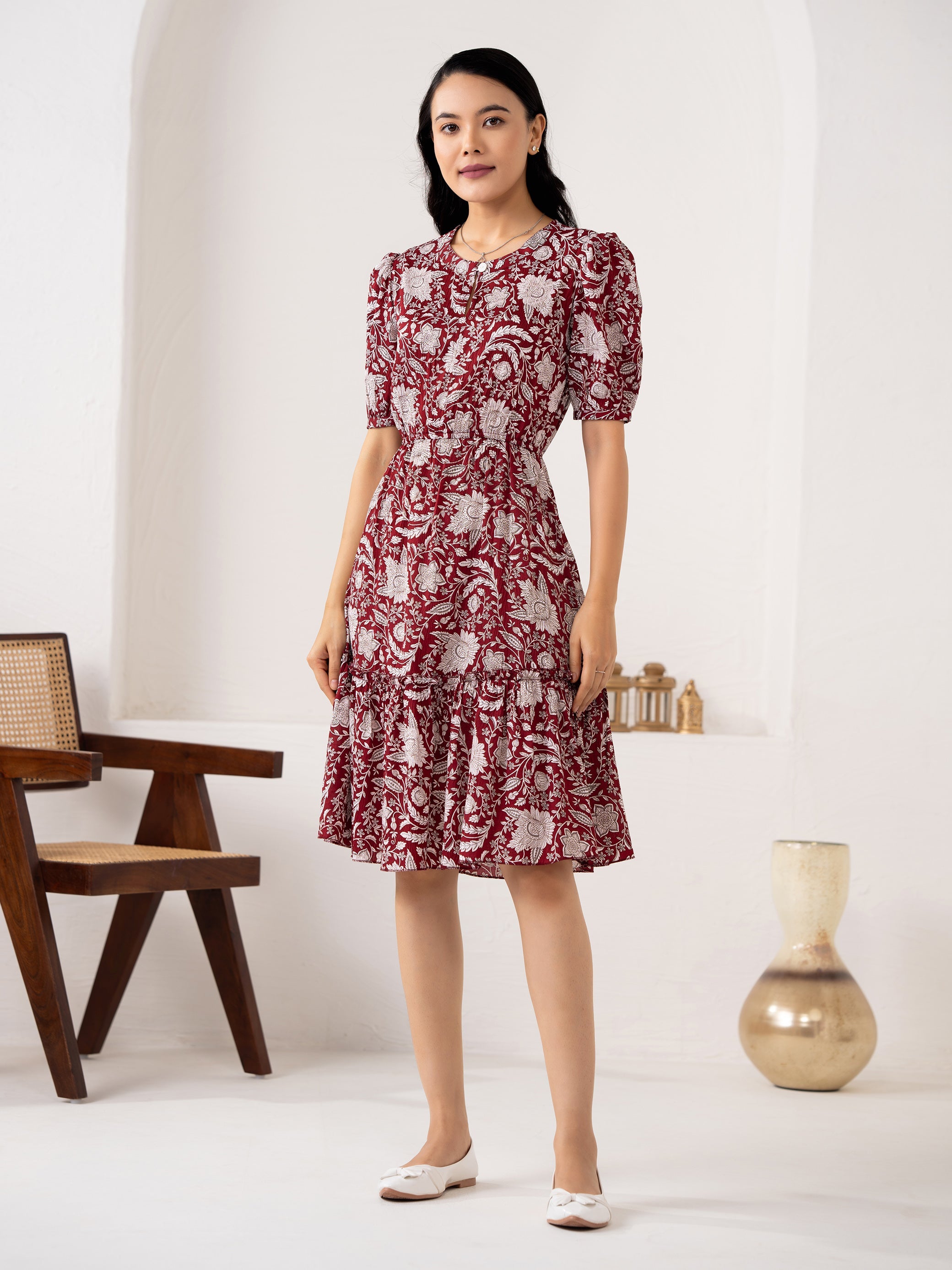 Women Crushed Crepe Floral Printed Maroon Color Dress